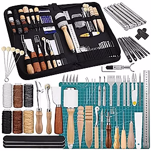 Leather Craft Tools, 60 Pieces Leather Working Tools and Supplies with Storage Bag Cutting Mat Prong Punch Groover Edge Creaser Stamping Carving Knife Awl Hammer for Leather Craft Making DIY Sewing