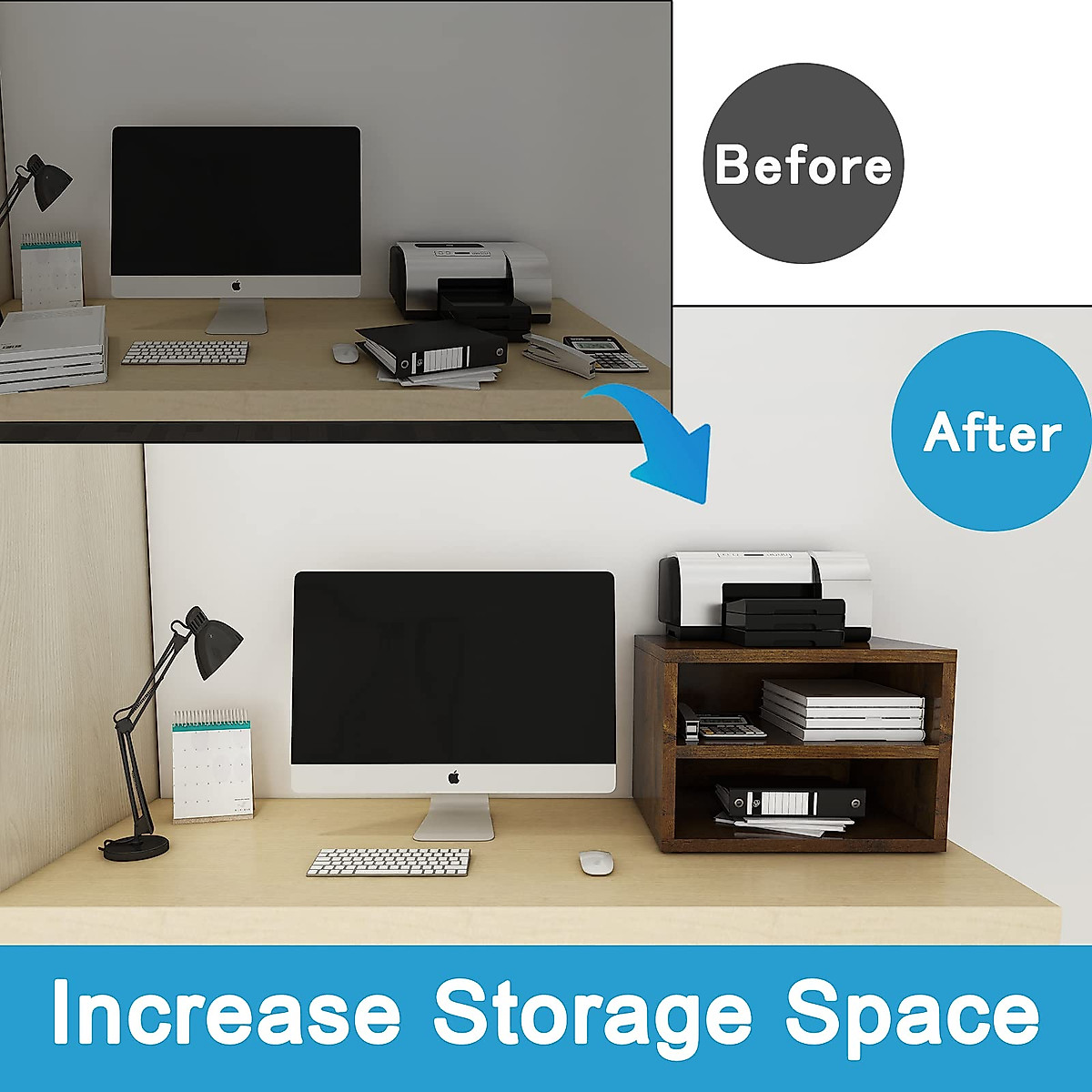HANYEE Printer Stand with Storage - Wood Under Desk Printer Table with Wheels 15.7x11.8x14 Inch, 2 Tier Small Retro Brown Multifunctional Desktop Manager for Fax Machine, Scanner, Files(Rustic Brown)