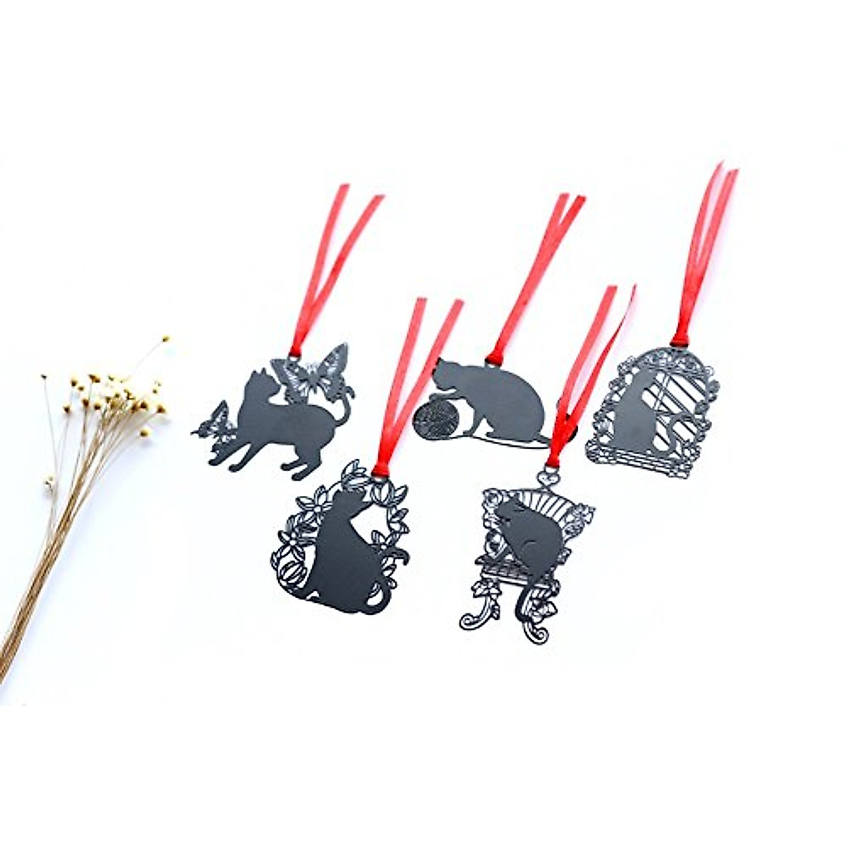 yueton Pack of 9 Creative Black Cat Metal Bookmark with Red Strap