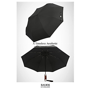 Balios (Designed in UK) Travel Umbrella Luxurious Golden Hardwood Handle Auto Open & Close Windproof Frame Single Canopy Automatic Folding Umbrella Men's & Ladies (Jet Black)