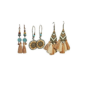 Verdusa Women's 3 Pairs Boho Tassel Earrings Set Khaki one-size