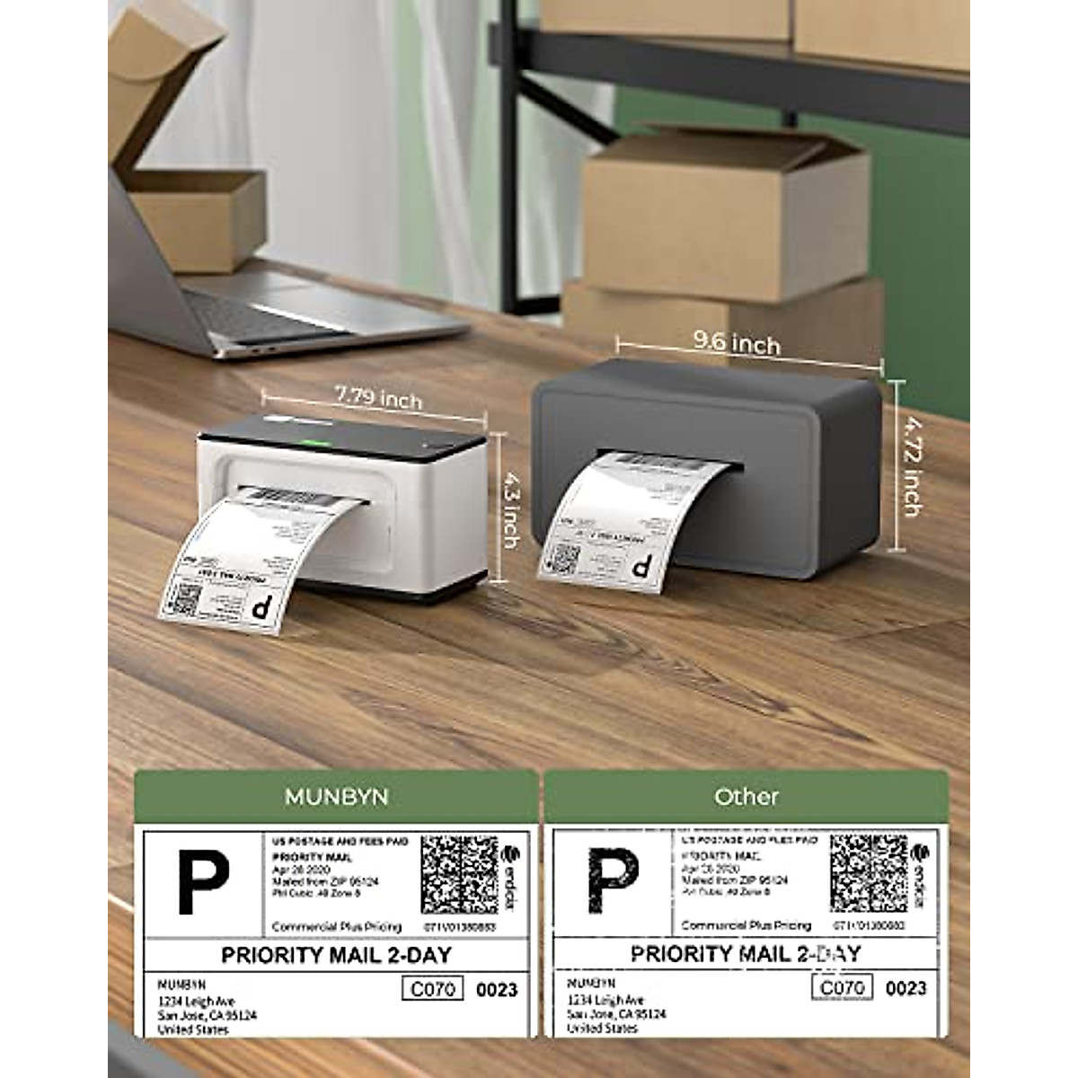 MUNBYN Shipping Label Printer, 4x6 Label Printer for Shipping Packages, External Rolls Label Holder