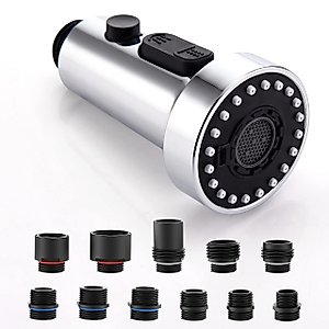 【UPDATED】Pull Down Kitchen Faucet Sprayer Head Replacement Part, 3 Function Pull Out Sink Sprayer Replacement Nozzle, Kitchen Faucet Head Hose Spray Tap Spout, Chrome
