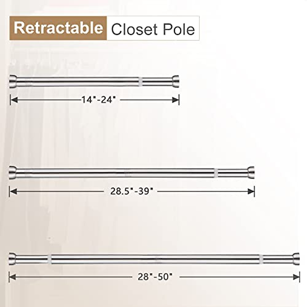 Closet Rods for Hanging Clothes, 14 to 50 Inch Adjustable Silver Closet Rods for Wardrobe, Heavy Duty Closet Hanging Rod, Closet Pole Holder Closet Bar with Extender Pole for Shoe Cabinets