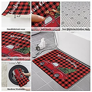 Christmas Bath Rugs Christmas Red Truck Sponge Doormat Absorbent Non Slip Durable Soft Flannel Mat Christmas Tree Red Buffalo Check Plaid Christmas Memory Foam Mats for Bathroom Kitchen 18 x 30 inches