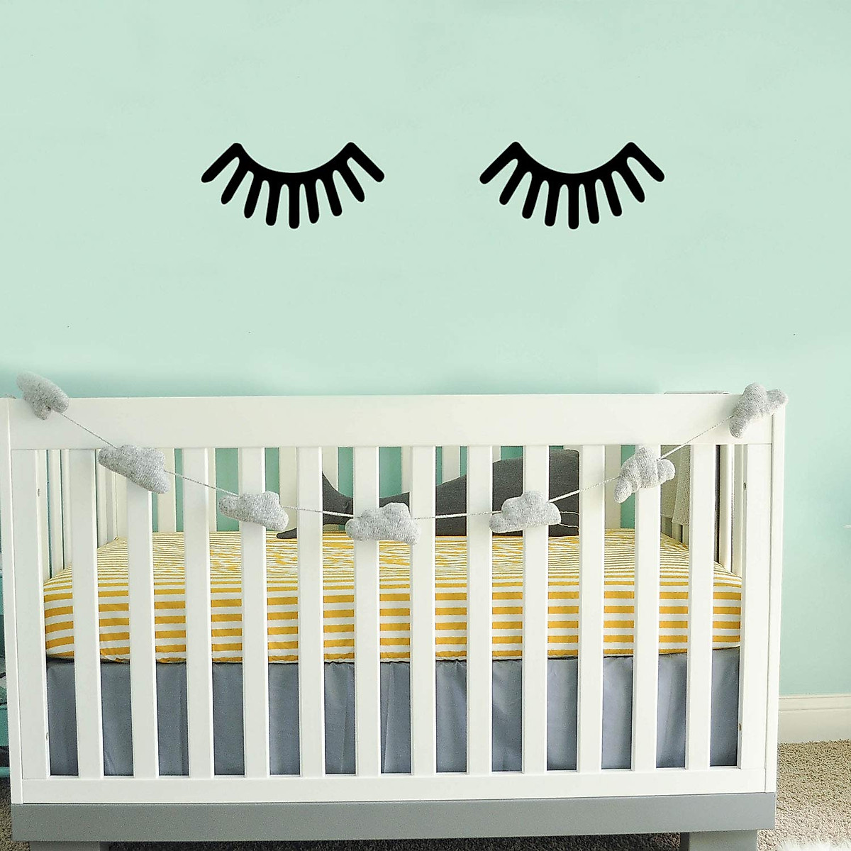 Small Children Baby Room Sleeping Eye Eyelash Vinyl Wall Art Decal - 3.7" x 7.8" Decoration Vinyl Sticker (Black)