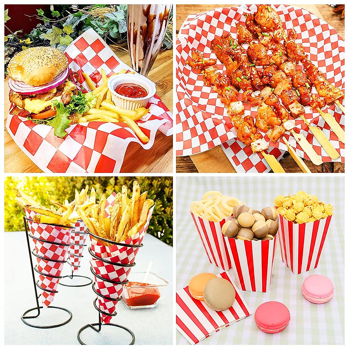 FHDUSRYO 100 Sheets Checkered Dry Waxed Deli Paper Sheets, Grease Resistant Checkered Basket Liner with 24 Popcorn Favor Boxes, Red and White Sandwich Paper Wraps for Party, Picnic (11x10.2inch)