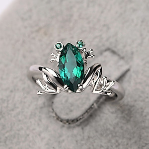 LUO 925 Sterling Silver Frog Ring Marquise Cut Created Emerald Ring Frog Jewelry Lovely Animal Ring Promise Ring for Women US Size 6.5