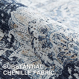 jinchan Area Rug 8x10 Persian Rug Washable Boho Living Room Rug Floral Print Large Rug Indoor Soft Distressed Foldable Carpet Thin Rug Bedroom Dining Room Office Farmhouse Dark Blue