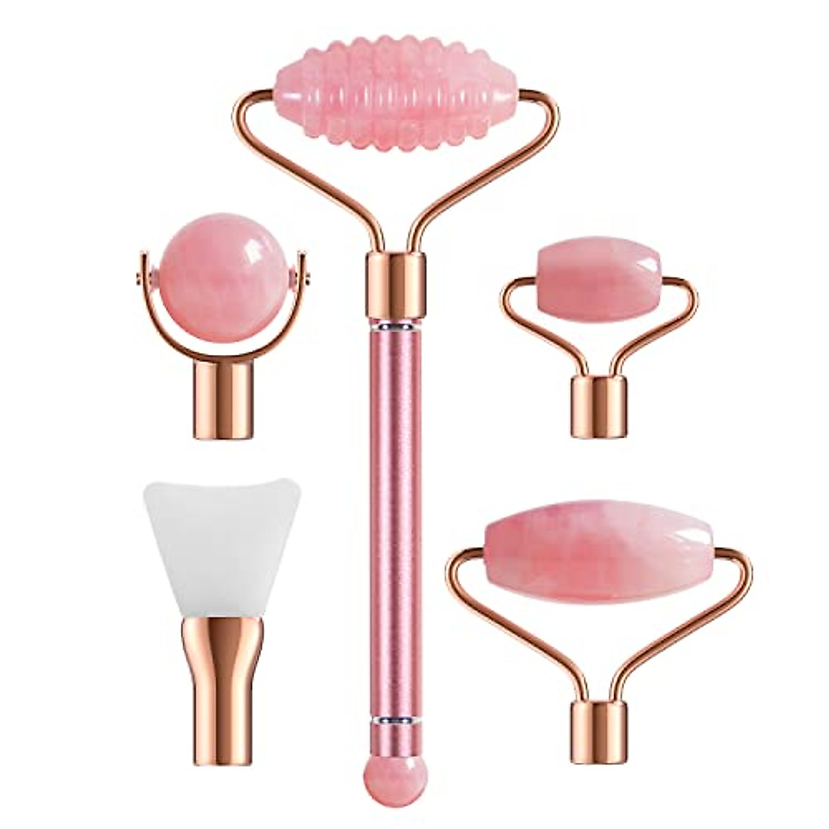 5 in 1 Facial Jade Roller Massager Set-Natural Jade Ridge Roller, Facial Jade Roller, Eye Roller, Body Roller and Silicone Brush. Rose Quartz Massager for Face, Eye, Chin, Body, Neck