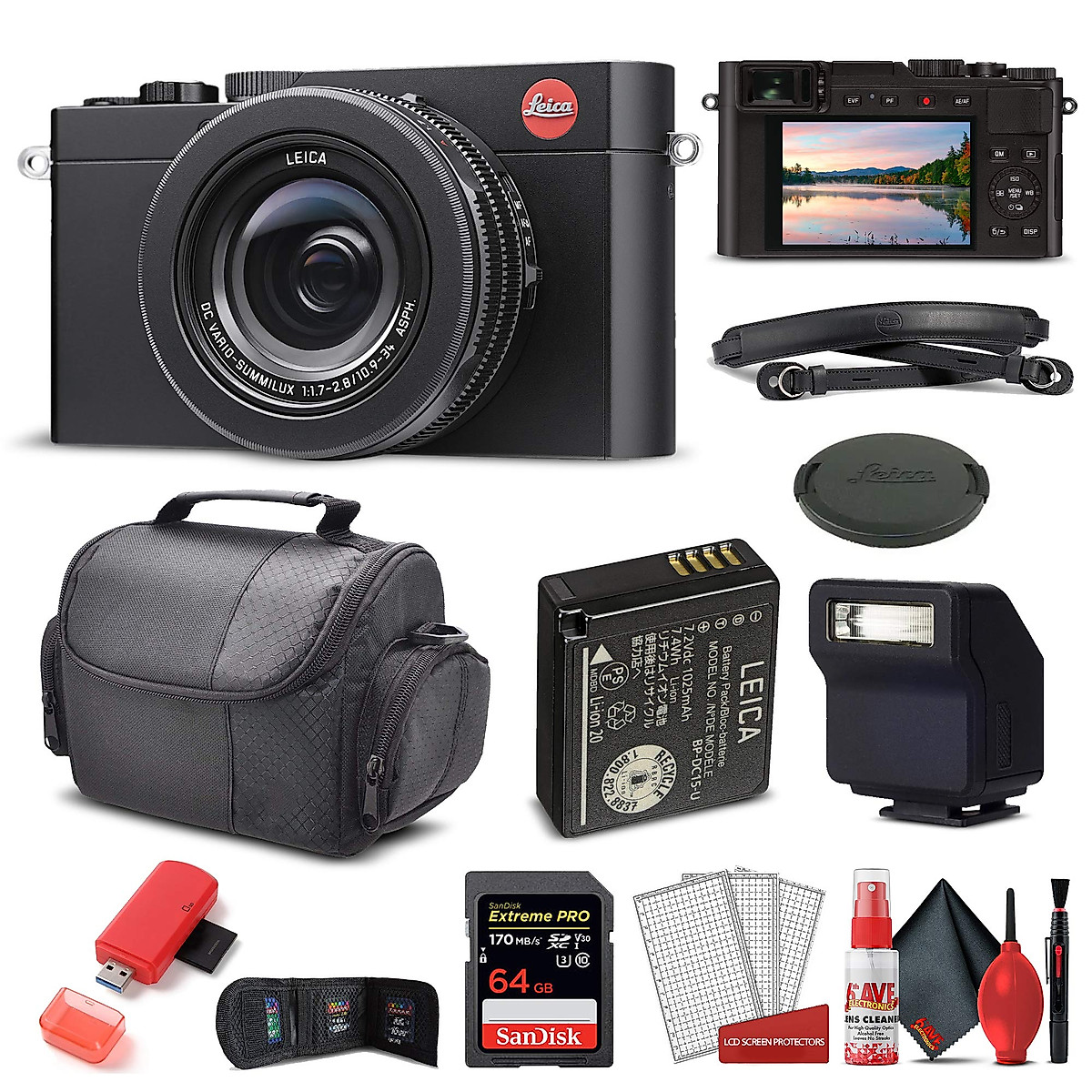 Leica D - Lux 7 Digital Camera (Black) (19141) + 64GB Extreme Pro Card + Card Reader + Case + Cleaning Set + Memory Wallet - Starter Bundle