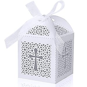 KPOSIYA 70 Pack Baptism Favor Boxes,Laser Cut Candy Boxes with Ribbons, Party Favor Small Gift Boxes for Baby Shower Baptism Decorations First Birthday Party Christening Favor (White-70)