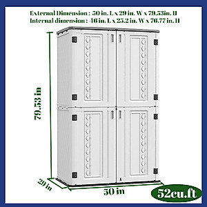 ADDOK Vertical Outdoor Storage Cabinet,HDEP Storage Shed Weather Resistance,Outdoor Storage for Long-Handle Tool,Lawnmower, Garden Accessories,Patio/Balcony 52 Cu.ft(White)