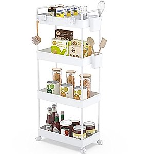 Ronlap Slim Storage Cart, 4 Tier Utility Rolling Cart with Wheels Mobile Slide Out Storage Organizer Cart with Handle Hanging Cups Dividers for Bathroom Laundry Room Kitchen Office Narrow Place, White