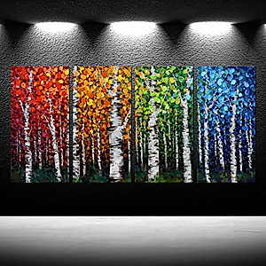 4pcs Large 4 Seasons Canvas Birch Tree Wall Art Modern Branches Oil Painting Falls Leaves Picture Landscape Prints Framed for Bathroom Living Room Bedroom Home Office Decor Each Panel 16x32inch (Large)