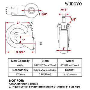 WUDOYO Professional Locking Office Chair Wheels with Brakes Wide Rubber Heavy Duty Replacement for Carpet Wood Tile Floor(with 5 Locks)