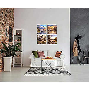 ArtHome520 Yellow Fall Landscape Wild Duck Wall Art Wildlife Canvas Printed Oil Painting Home Decor orange Animal Deer Picture for Living Room Modern Framed 4 Panel (12''x12''x4pcs)