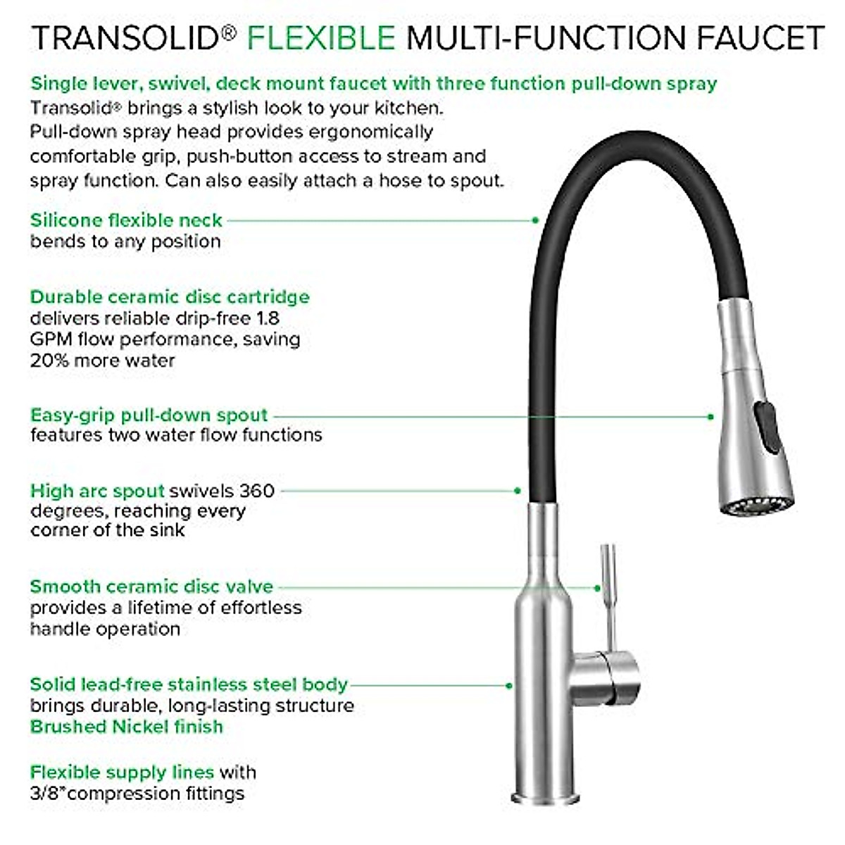 Transolid PF7509A Kitchen/Laundry Faucet with Dual Spray and Flex Neck in Black