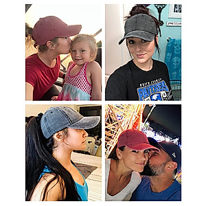 ZEXIAN 3 Pack Womens Vintage Washed Distressed Baseball-Cap with Ponytail Hole Sport Golf Hat (Black+Denim Blue+Burgundy)