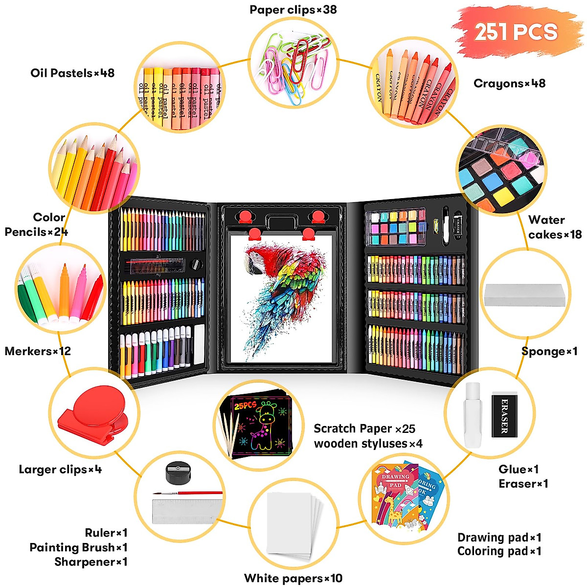 iBayam Art Kit, 251-Pack Art Supplies Drawing Kits, Arts and Crafts Gifts Box for Kids Teen Girls Boys, Art Set Case with Trifold Easel, Scratch Paper, Sketch Pad, Coloring Book, Crayons, Pencils