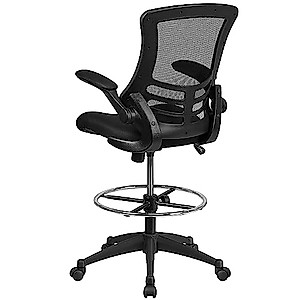 Flash Furniture Kelista Mid-Back Black Mesh Ergonomic Drafting Chair | Adjustable Foot Ring, Flip-Up Arms | Comfort and Productivity