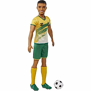 Barbie Soccer Ken Doll with Short Cropped Hair, Colorful #21 Uniform, Cleats, & Tall Socks, Soccer Ball 11.5 inches