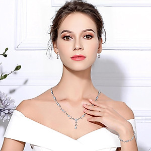 Juicfru Wedding Silver Jewelry Set for Women Cubic Zirconia Necklace Earrings Bracelet Sets for Bride Wedding Costume Jewelry for Bridesmaid