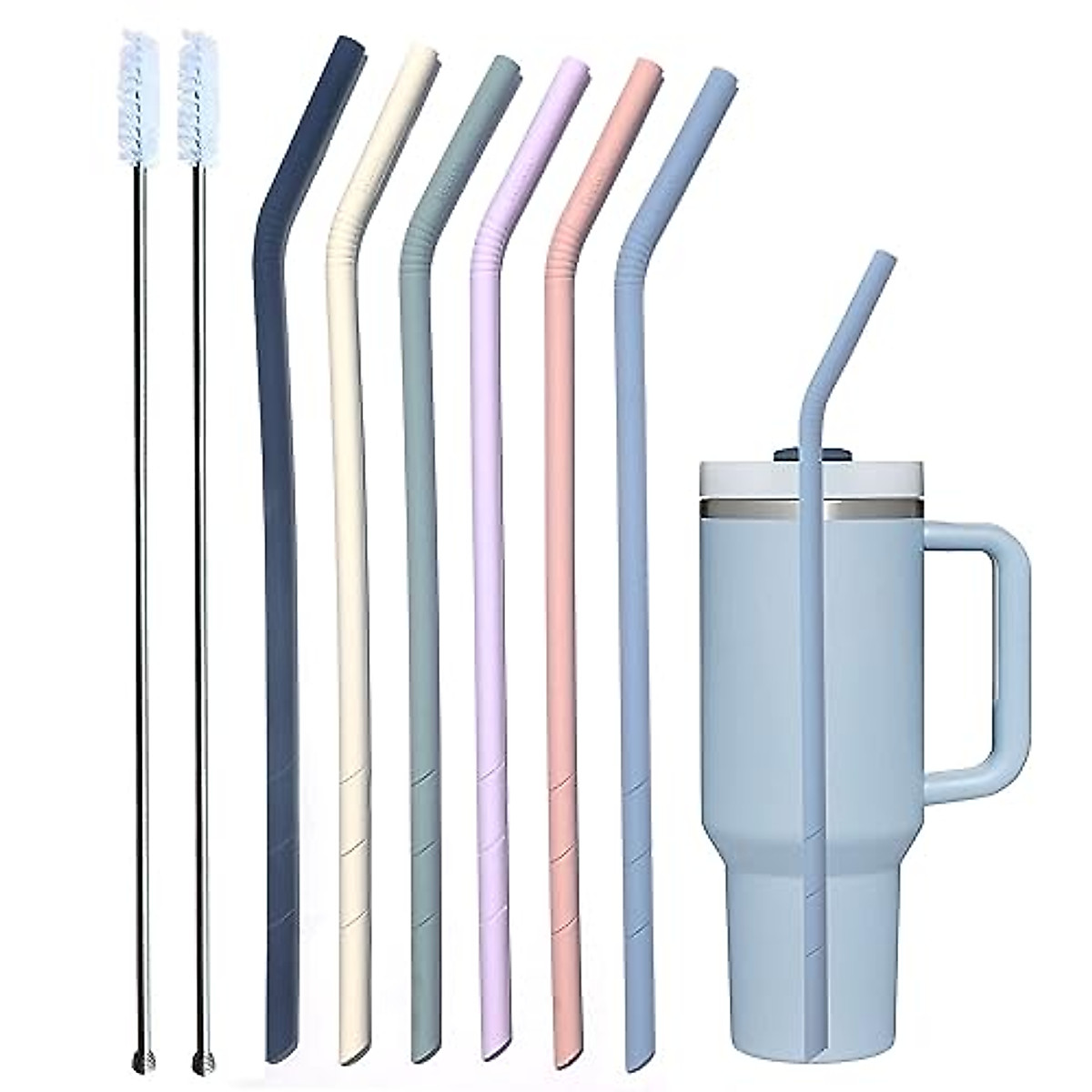 Tegion Pastel Color 14 Inch Extra Long Silicone Replacement Bent Straw for 40 oz Stanley Cup, Reusable Flexible Tall Drinking Straw for Quencher Tumbler with Handle,64 oz/1 Gallon Water Bottle-6 pack