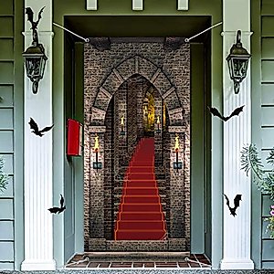 Blulu 3D Castle Entrance Door Banner Castle Entrance Door Cover Large Fabric Medieval Themed Stone Backdrop Gothic Birthday Photo Background for Potter Themed Vampire Halloween Party Decor 6.5 x 3 Ft