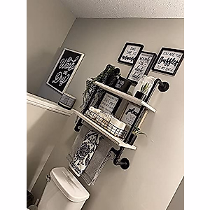 ROGMARS Industrial Pipe Shelving Bathroom Pipe Shelves with Towel Bar,2 Tier 24 inch Retro White Rustic Farmhouse Pipe Industrial Wall Shelves Bathroom Shelves Over Toilet for Storage