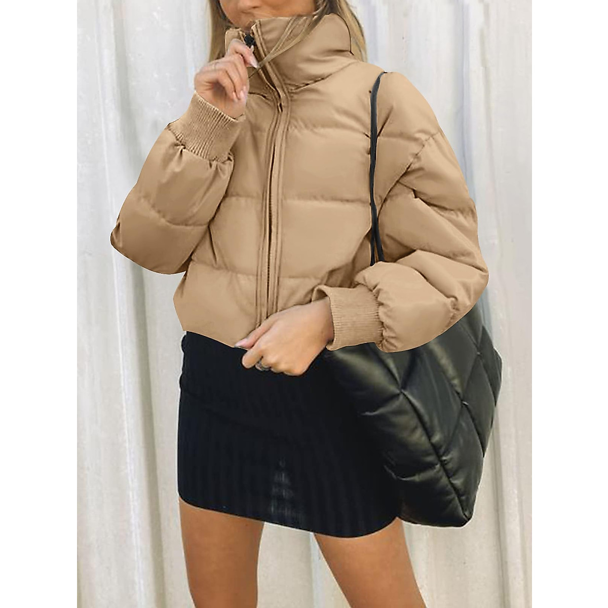 MEROKEETY Women's Winter Cropped Puffer Jacket Long Sleeve Oversized Stand Collar Zip-Up Short Coat