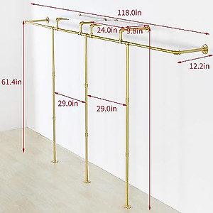 WJJAYY Wall Mounted Gold pipe clothing rack with 3 T-Bar Design and Nano Gold Finish with 2 Wooden Shelves Heavy Duty Wall Mounted Gold Iron Garment Bar for Retail Display and Closet Storage