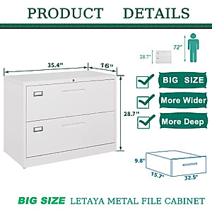 Letaya Metal Lateral File Cabinets with Lock, 2 Drawer Steel Wide Filing Organization Storage Cabinets,Home Office Furniture for Hanging Files Letter/Legal/F4/A4 Size (White-2 Drawer)