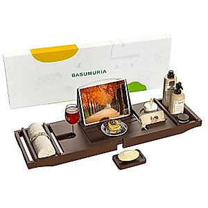 Bathtub Caddy Tray - Luxury Bath Tray for Tub - Adjustable Bamboo Bath Table - Bath Board over Tub, Spa Accessories Organizer with Free Soap Dish & Bath Glove - Gift Choice Fits All Occasions (Walnut)