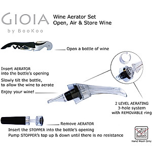 GIOIA Wine Aerator Pourer Set: Premium Wine Decanter Spout with Vacuum Stopper Pump and Corkscrew, Home Essentials in Stylish Gift Box