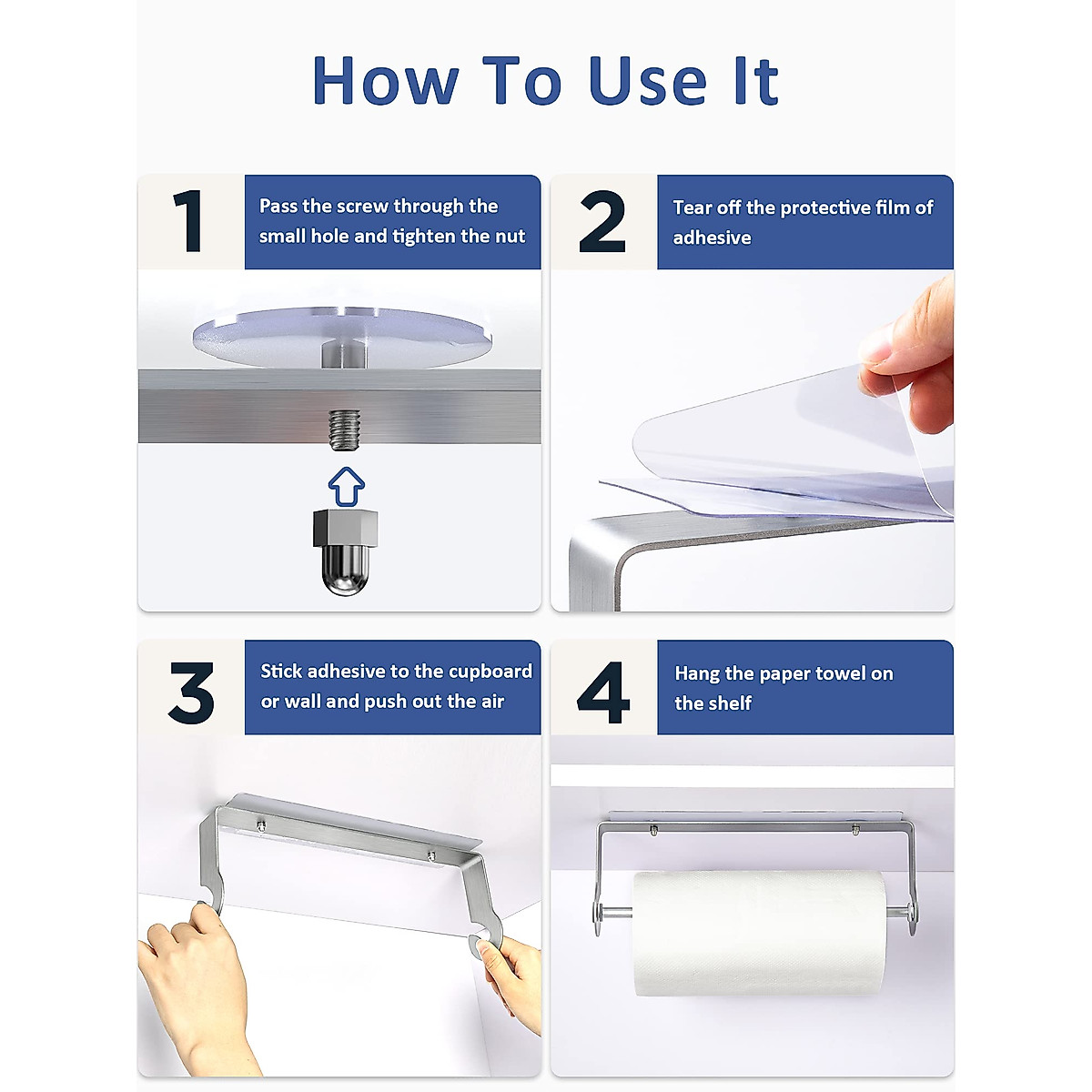 JARLINK Paper Towel Holder with Adhesive Under Cabinet, Removable Stainless Steel for Home Kitchen, Easy Tear and Wall Mounted, No Drilling, Silver