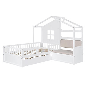 Twin Size House Bed Frame for Boys Girls Kids Adults Toddler with Sofa, Kids Platform Bed with Two Drawers and Storage Shelf, White