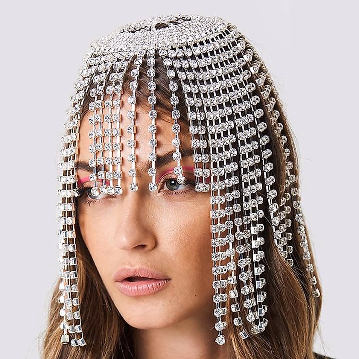 Earent Tassel Rhinestone Cap Headpiece Silver Crystal Head Chain Roaring 1920s Hair Accessories Belly Dance Party Cap Headpieces Bridal Head Jewelry for Women(A-Silver tassel)