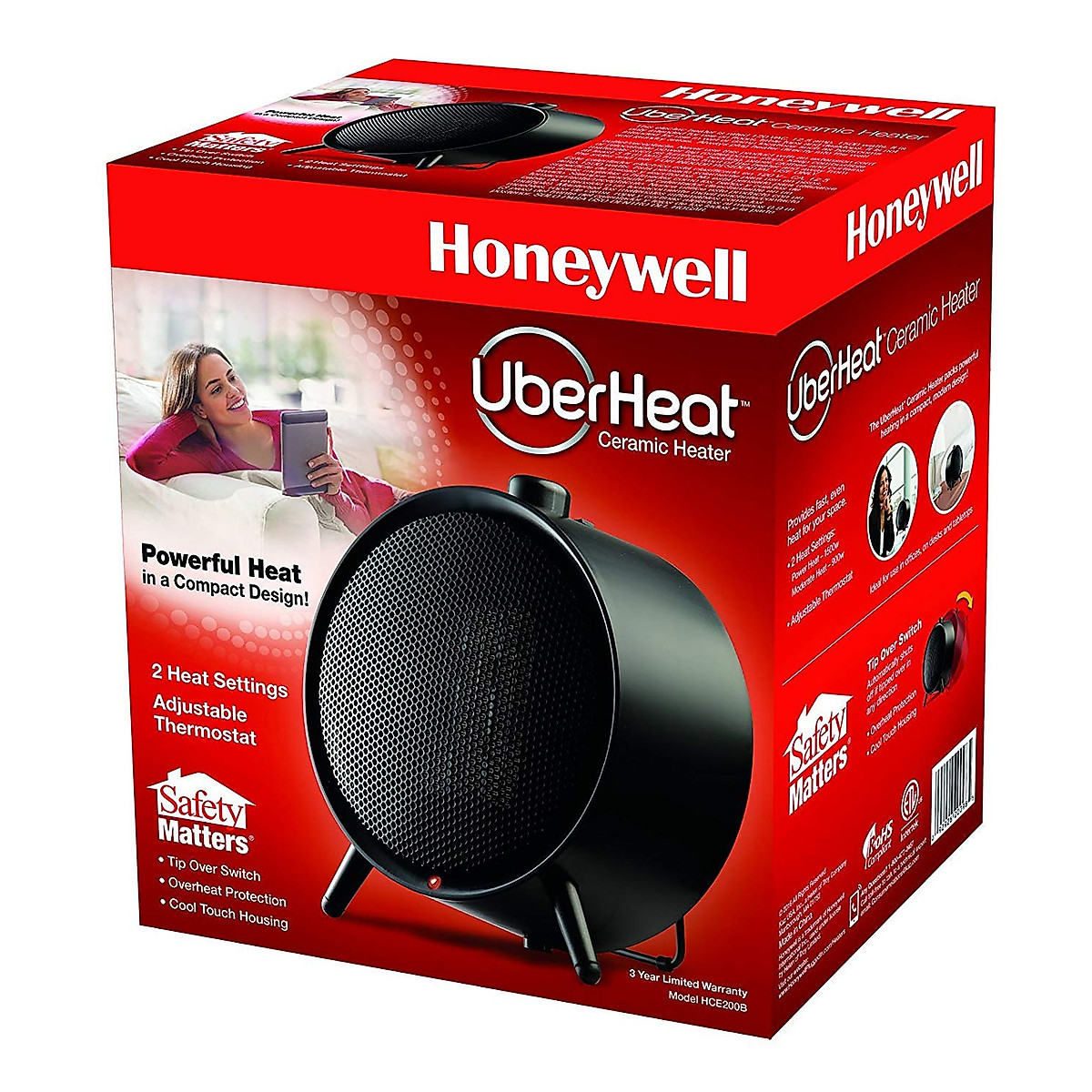 Honeywell UberHeat Ceramic Heater for Powerful Personal Heating in Small Spaces, Black - HCE200B