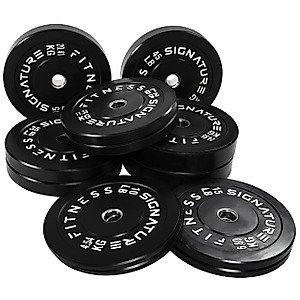 Signature Fitness 2" Olympic Bumper Plate Weight Plates with Steel Hub in Pairs or Sets - 100% Virgin Rubber, Black