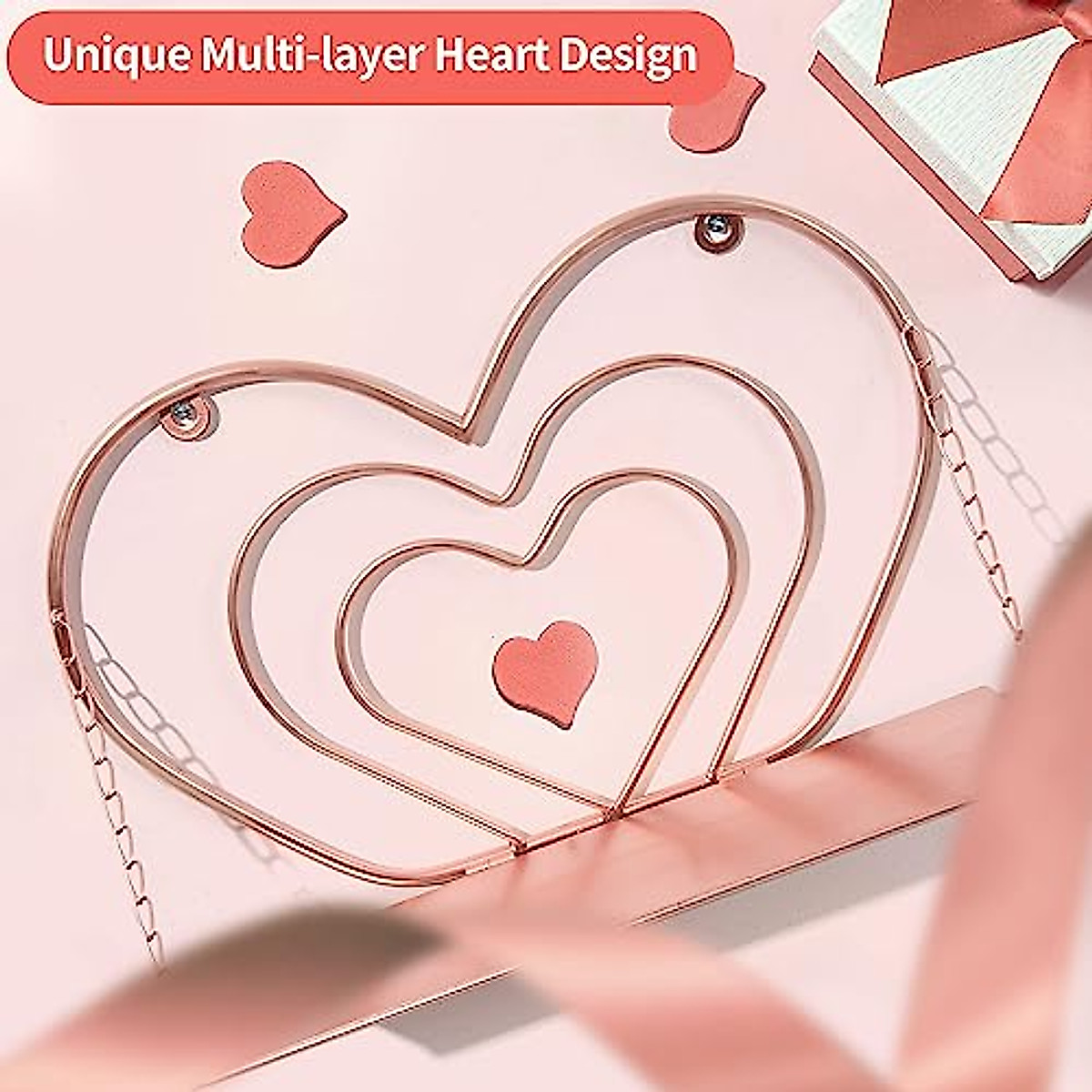 Mazjoaru Floating Shelves Rose Gold Multi-Layer Heart Shape Design Hanging Shelves Pink Room Decor, Cute Pink Chain Metal Wall Mounted Shelf for Bedroom, Nursery, Living Room