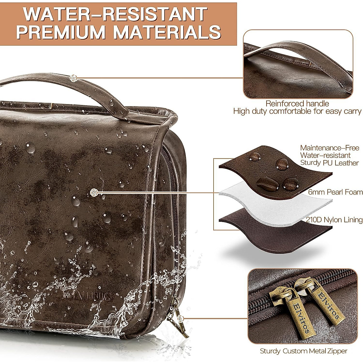 Elviros Hanging Toiletry Bag Removable Travel Bag PU leather Makeup Cosmetic Organizer Kit, Coffee
