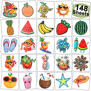 CHARLENT 148 PCS Glitter Summer Fruit Temporary Tattoos for Kids - Watermelon Pineapple Individual Tattoos for Boys Girls Pool Birthday Party Favors Goodie Bag Fillers