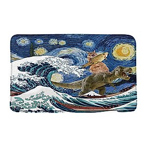 GCTNBJL Funny Cat Bath Mat Cute Kitty with Fish Riding Dinosaur Great Wave Strarry Sky Van Gogh Art Dino Japanese Style Creative Bathroom Decor Rug Doormat Kitchen Toilet Floor Rug,20x31 Inch