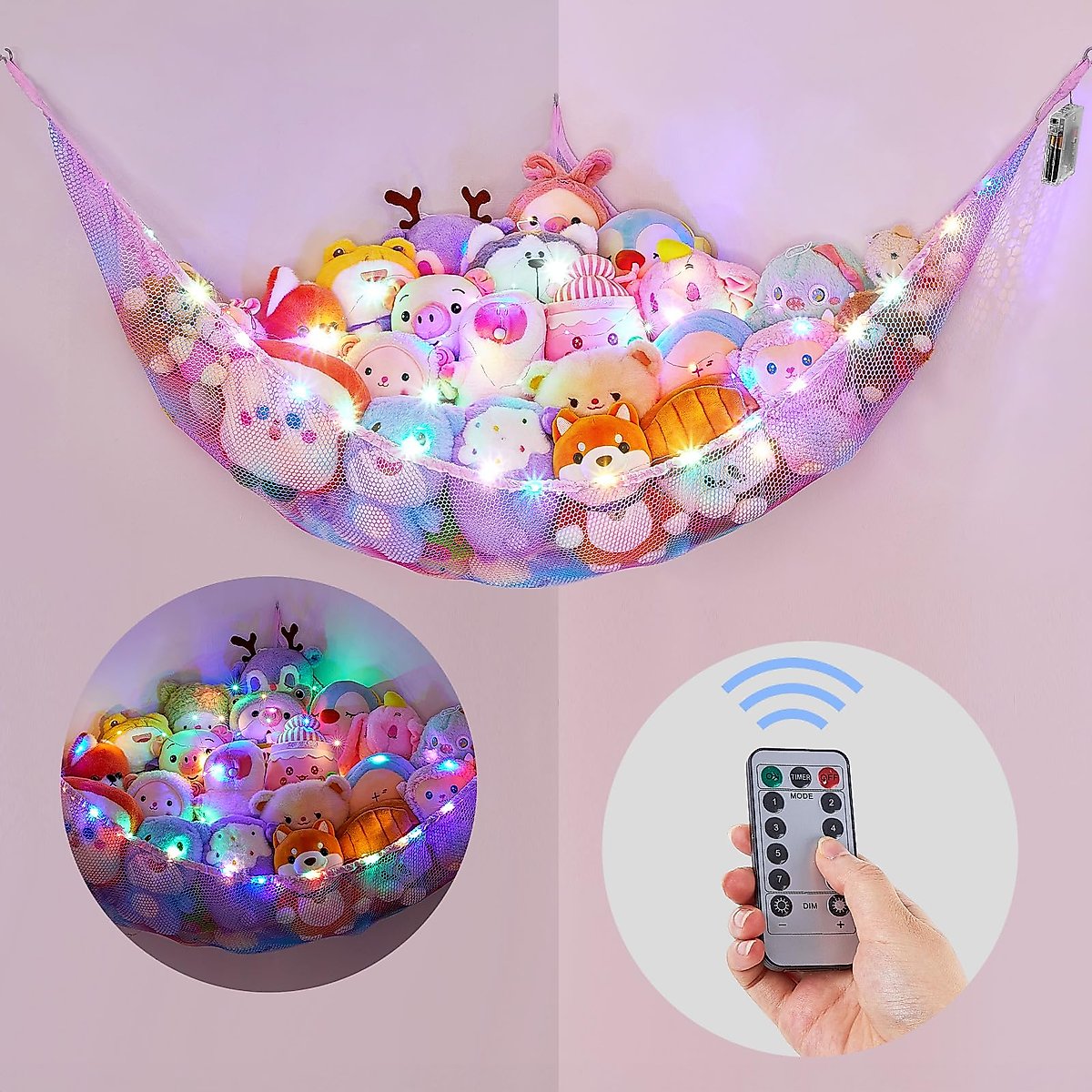 Basumee Stuffed Animals Net or Hammock with LED Light Hanging Toy Net Hammock for Stuffed Animals Storage Stuff Animals Hammocks for Nursery Kids Room with Remote Control, 8 Kinds of Lights(Pack of 1)