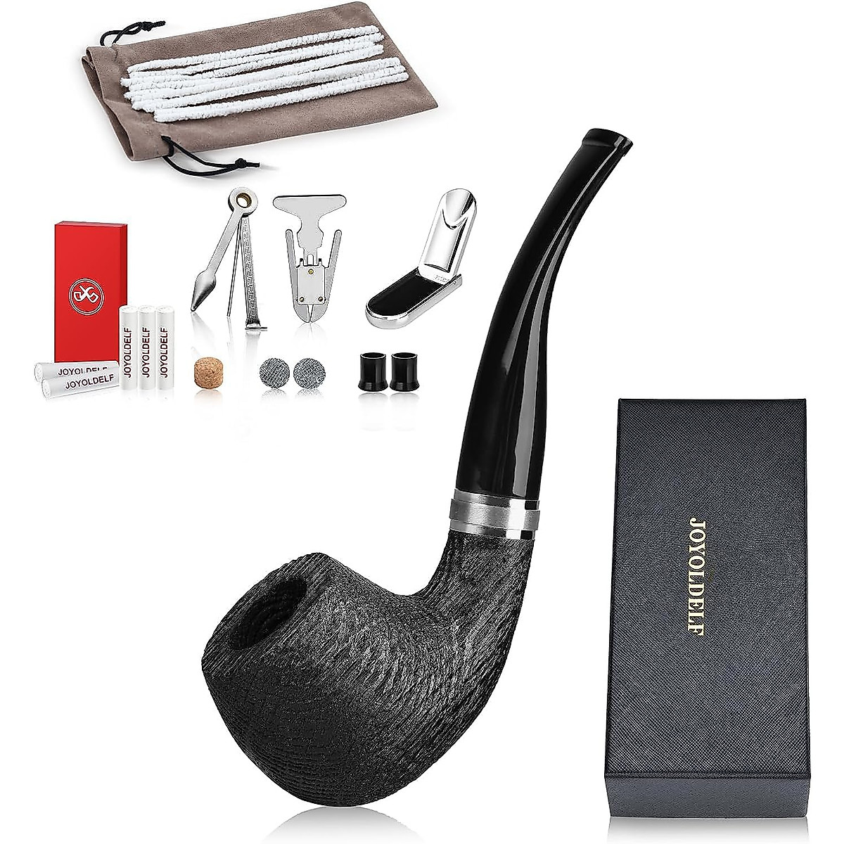Joyoldelf Smoking Pipe, Bent Wooden Tobacco Pipe with Gift Box, Oak Tobacco Pipes for Smoking with Foldable & Stainless Steel Tobacco Pipe Stand, 9mm Pipe Filter and Smoking Accessories