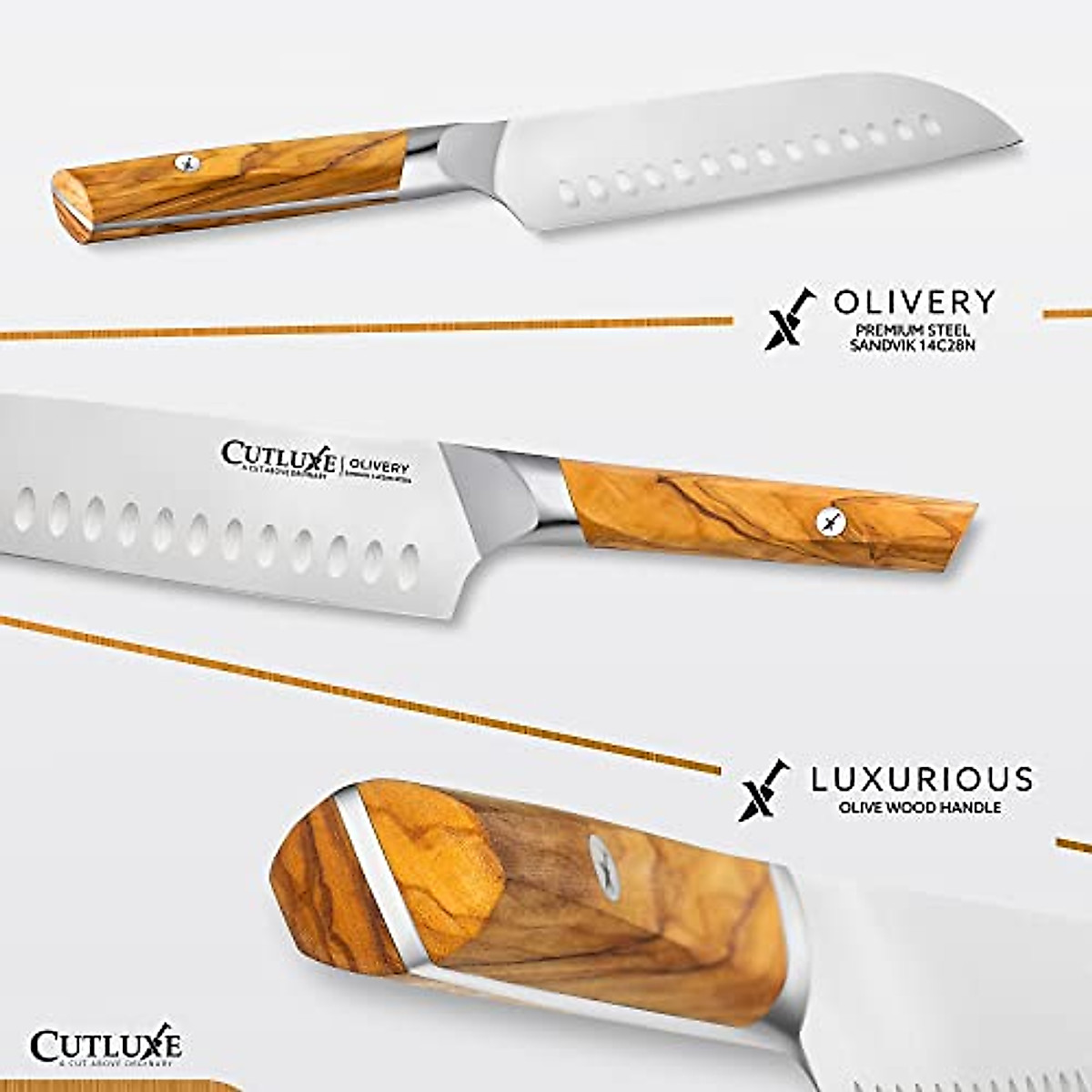 CUTLUXE Santoku Knife – 7" Chopping Knife – Olive Wood Handle – Full Tang – Olivery Series