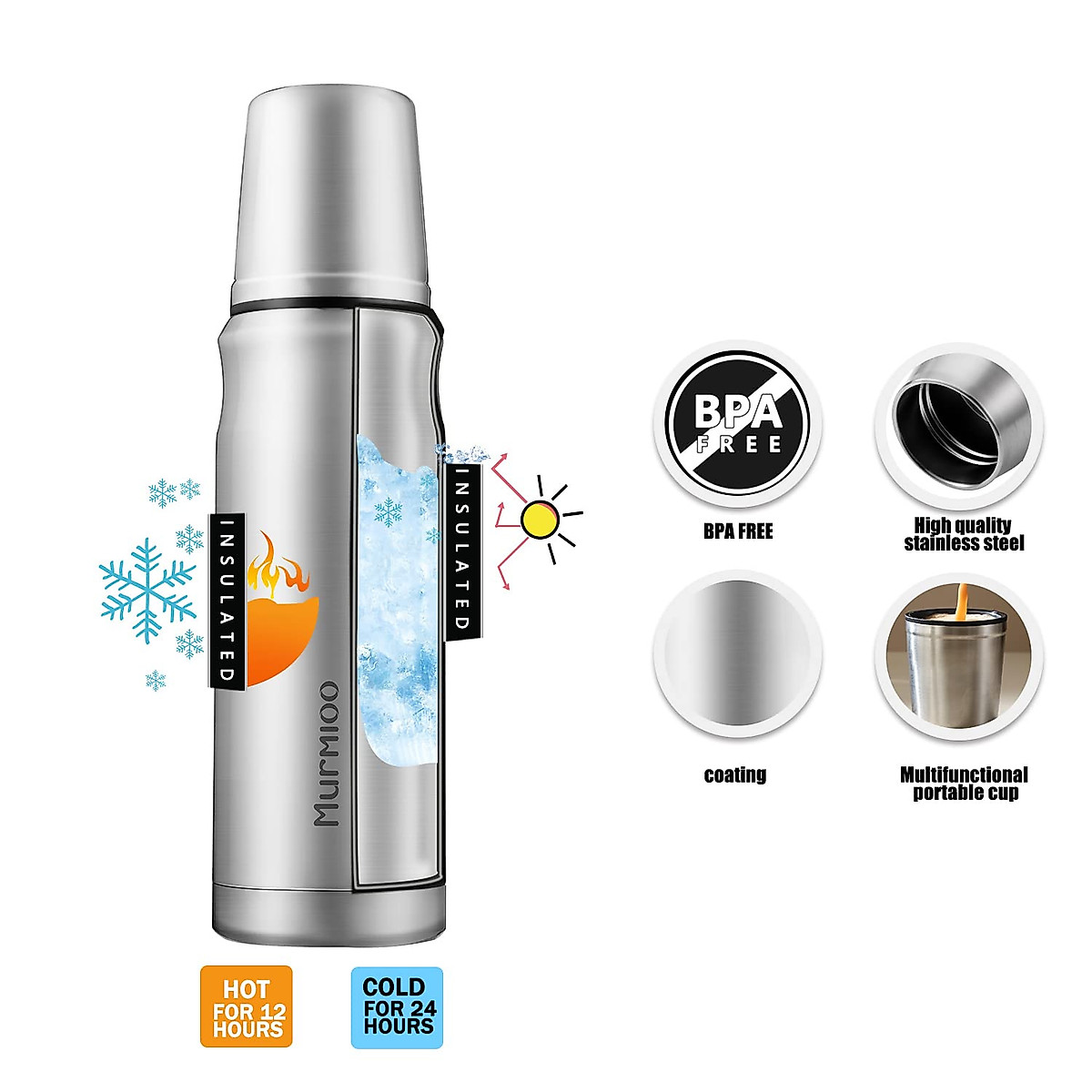 Murmioo travel vacuum flask，stainless steel insulated bottle, built-in cap cup, cold for 24 hours, heat for 12 hours, BPA Free leak proof, sweat free 17oz/500ml Gray