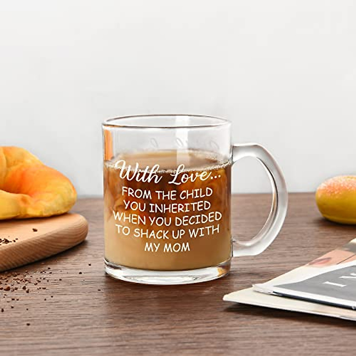 Waipfaru Funny Dad Stepdad Glass Coffee Mugs, With Love from the Child You Inherited Clear Coffee Mugs Cups with Handle, Christmas Father’ s Day Gifts for Stepdad Stepfather from Stepdaughter Stepsons