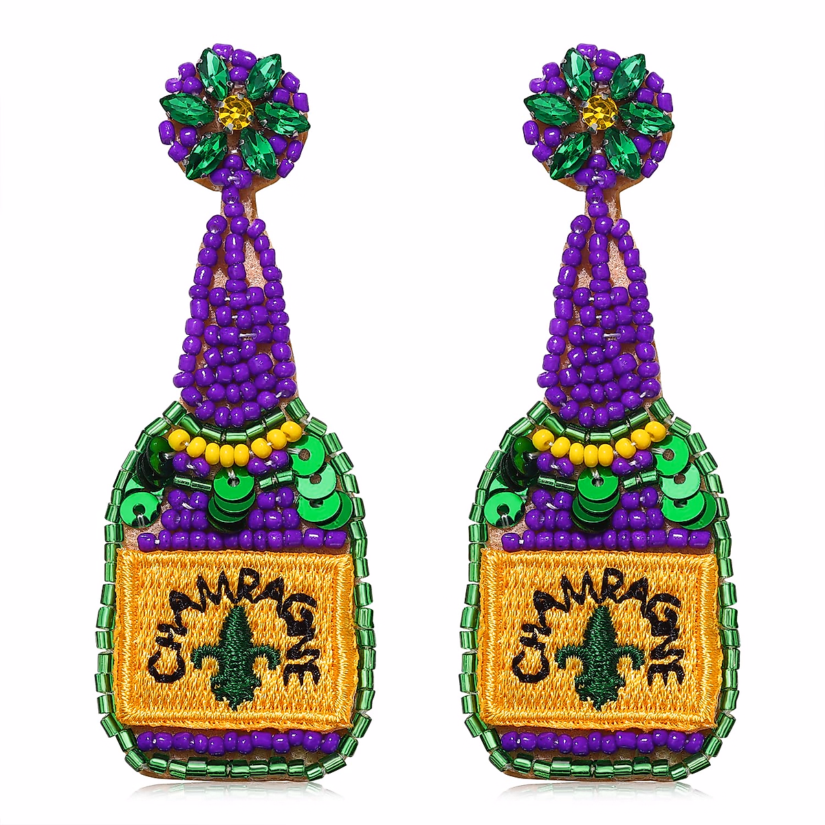 Beaded Champagne Bottle Earrings for Women Handmade Bead Champagne Drop Dangle Earring Statement Earring Studs for Birthday Holiday Parties Gifts (Mardi Gras Color)